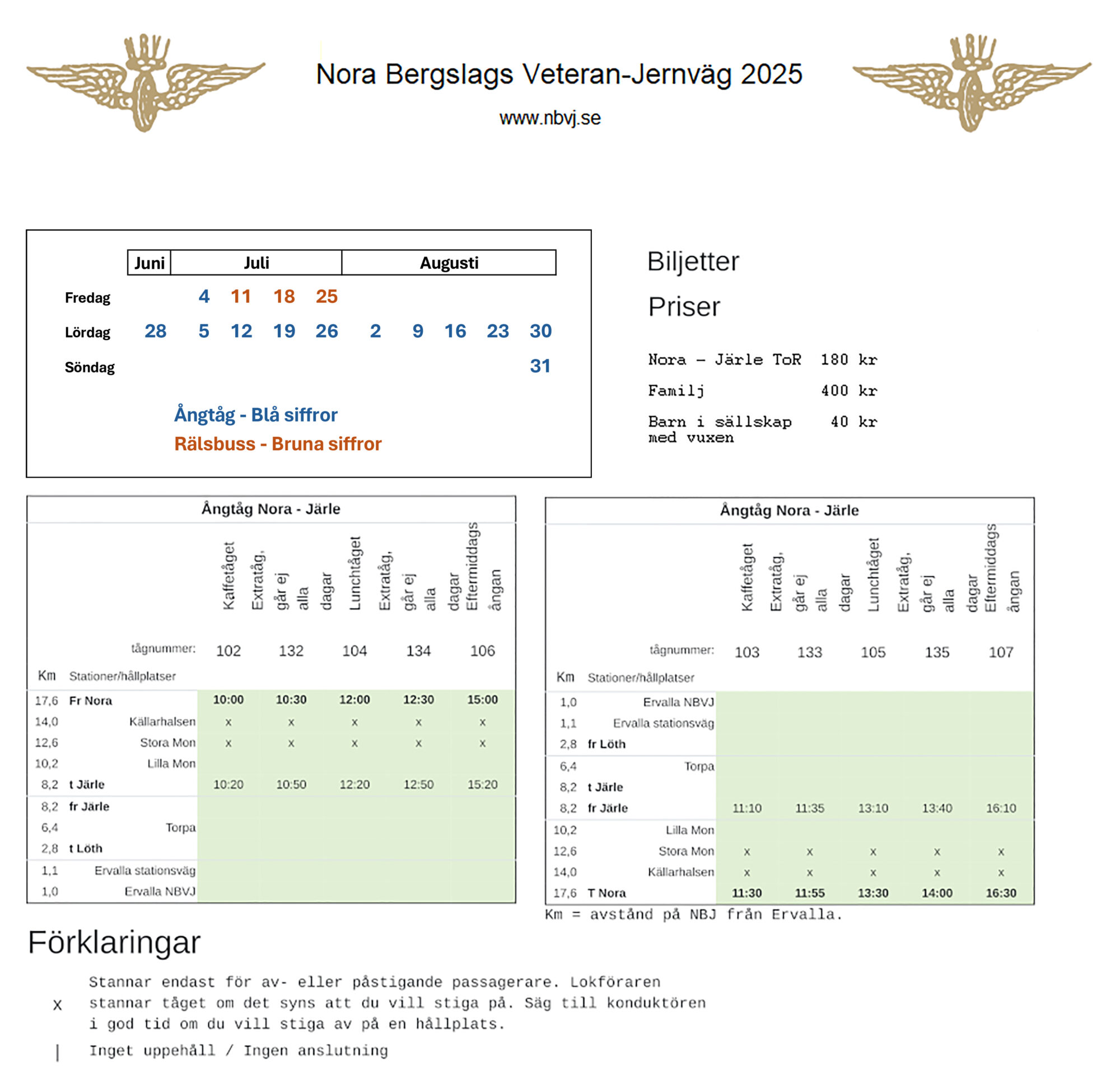 Tidtabell för ordinarie turer 2025 – Nora Bergslags Veteran-Jernväg